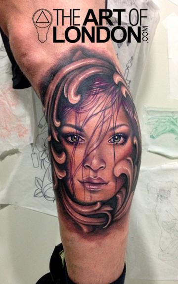 Girl and Filigree Color Portrait Tattoo by London Reese: TattooNOW