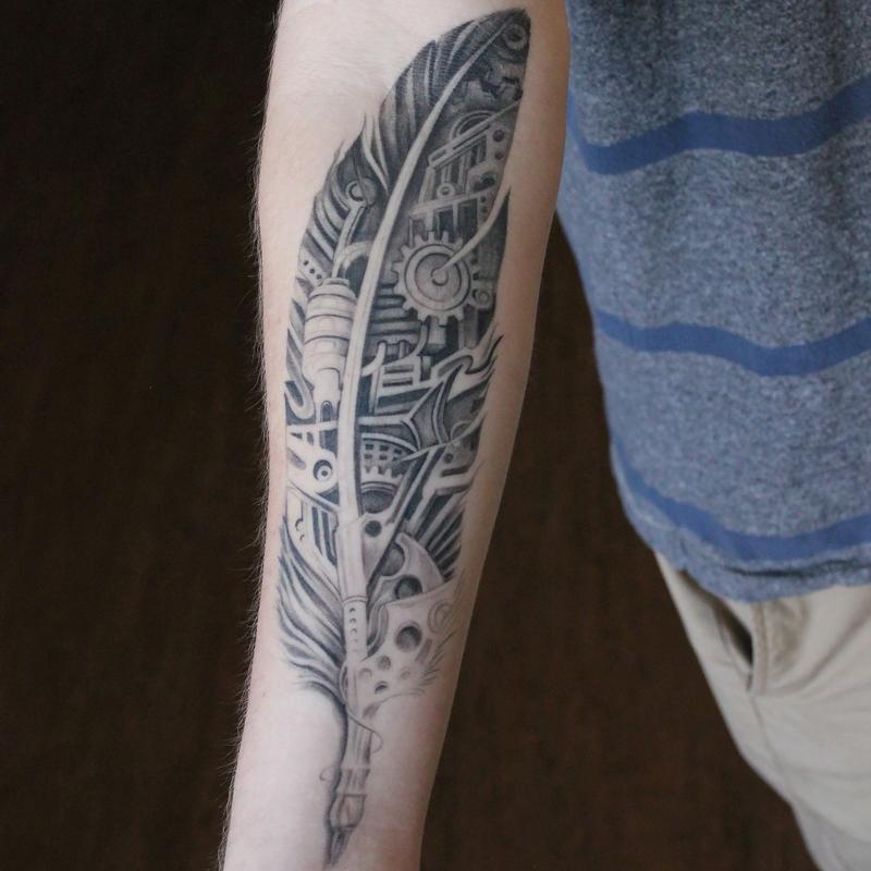 Healed Black and Grey Bio Mechanical Feather on Forearm by Capone ...