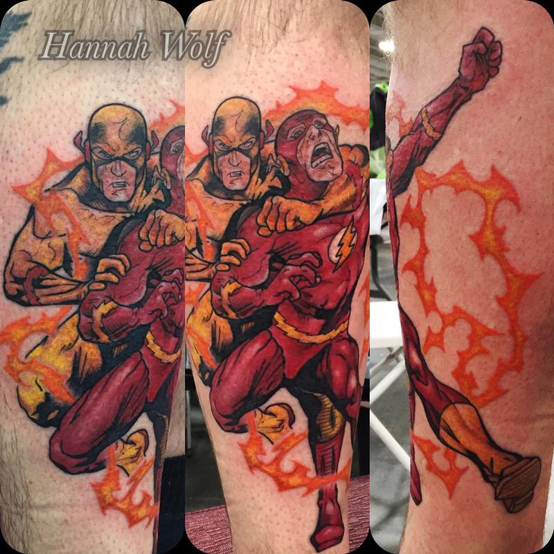comic leg tattoo by Hannah Wolf: TattooNOW