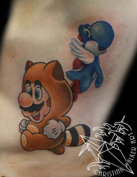 Tanooki Mario and Blue Yoshi by Christina Walker: TattooNOW