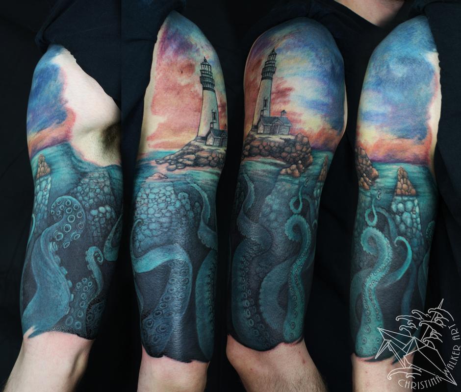 Tentacle and Lighthouse half sleeve by Christina Walker: TattooNOW