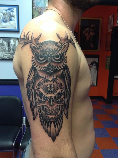 Owl And Skull Back Tattoo