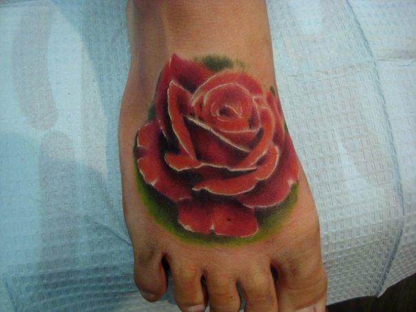 Red Rose Tattoo On Foot