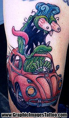 Monster driving a vw bug by Kris Thomas aka Shylock Von Tooth: TattooNOW