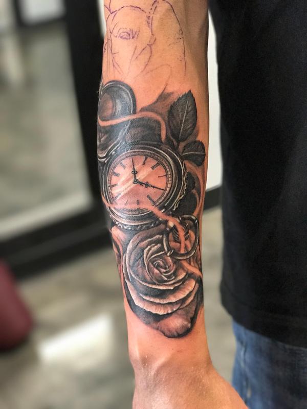Pocket watch and rose by Jesse Vickers: TattooNOW