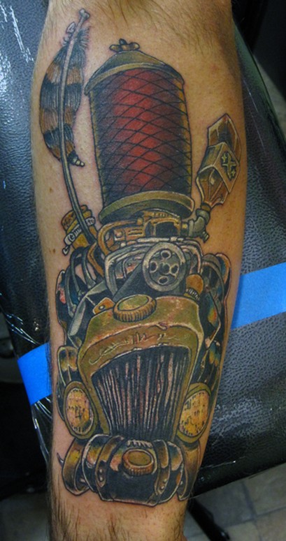 old rat rod car color arm tattoo by Jon von Glahn: TattooNOW