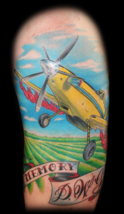 Dust crop plane in memory tattoo by Joshua Hibbard: TattooNOW