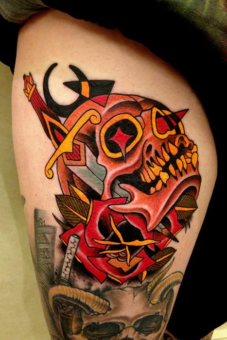 Neo Traditional Skull And Dagger Tattoo
