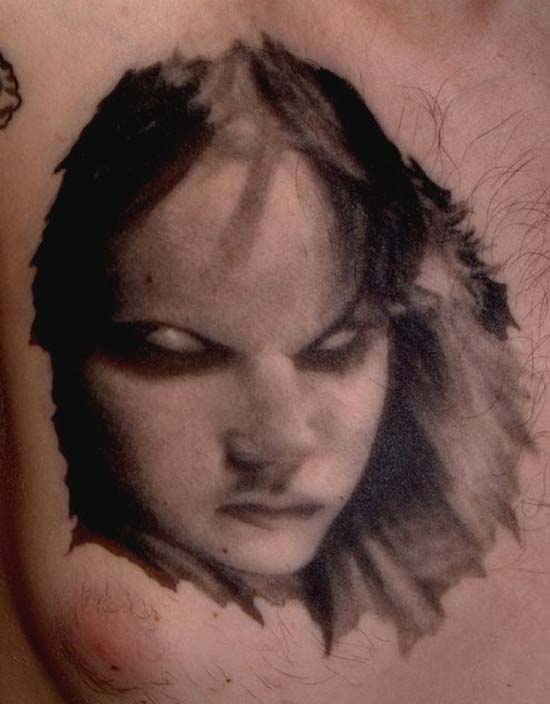 Creepy black and gray girl portrait tattoo by Paul Booth: TattooNOW