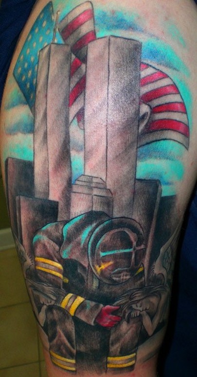 9/11 Memorial Towers With Fire Fighter by Daniel Rosini: TattooNOW