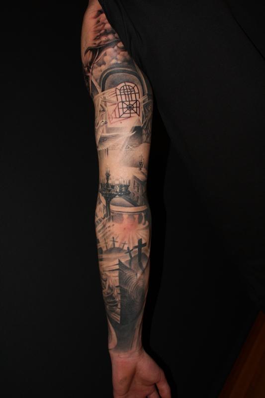 Religious arm in progress by Dennis Wehler: TattooNOW