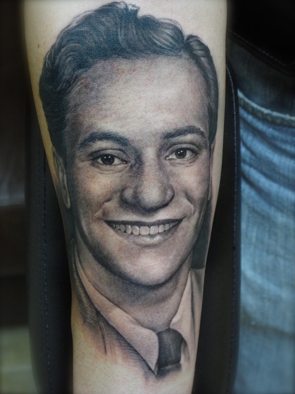 realistic black and gray portrait tattoo of grandfather by Shane ONeill ...