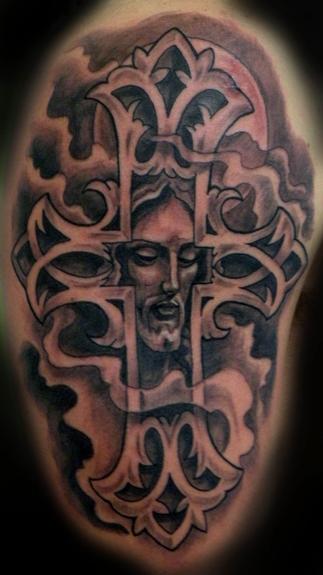 Black and Gray Jesus with Cross by Mathew Hays: TattooNOW