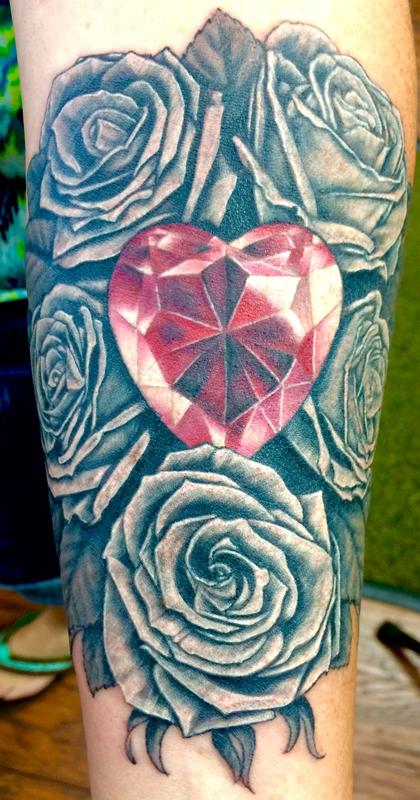 Color jewel heart and black and grey roses by Edward Lott: TattooNOW