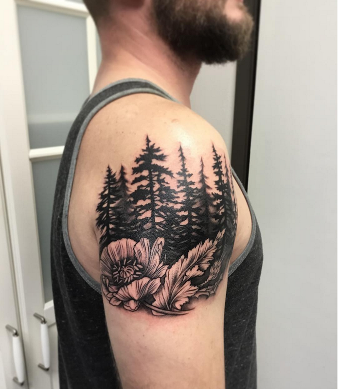 Blackwork Pinetrees and Poppy- Instagram @michaelbalesart by Michael ...