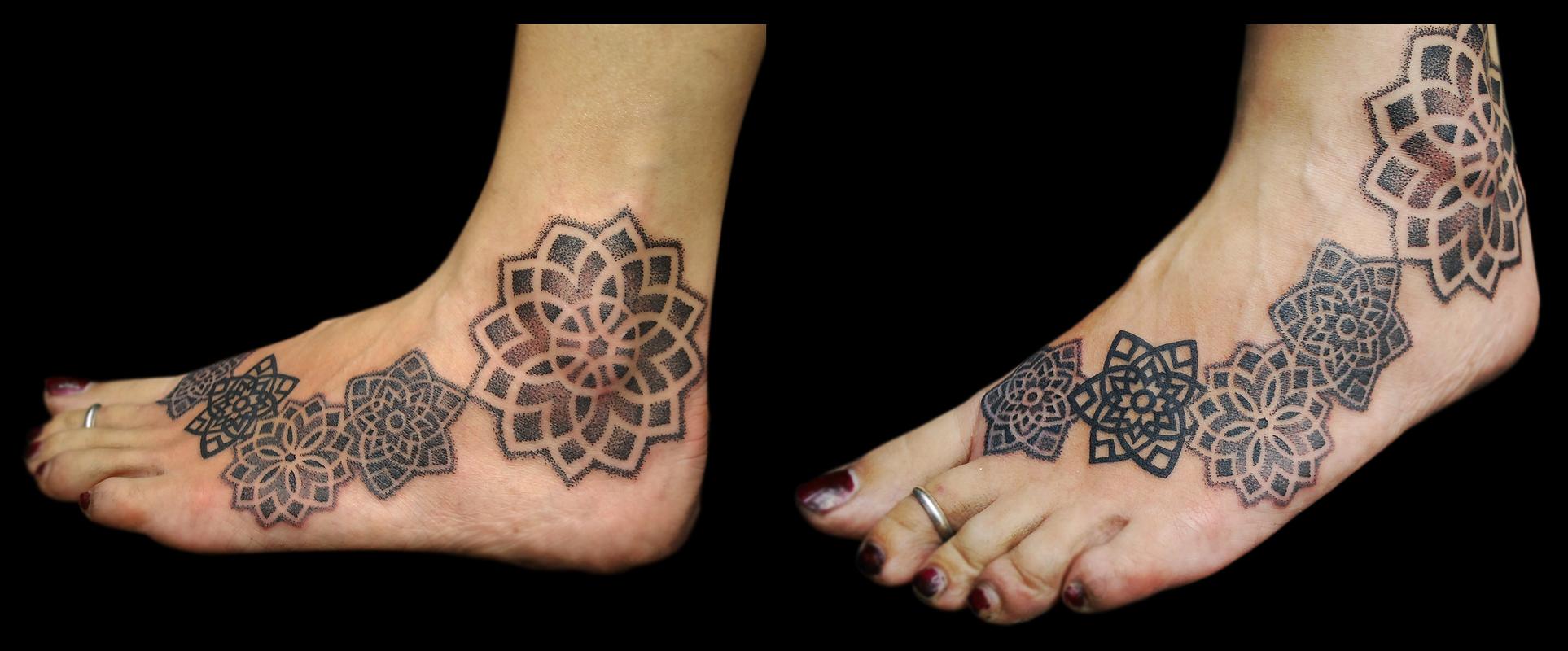 dotwork linework mandala foot tattoo by Obi: TattooNOW