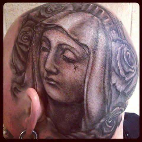 black and gray virgin Mary head tattoo by Big Gus: TattooNOW