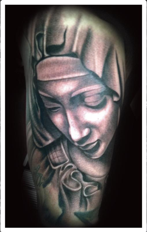 Realistic black and gray Virgin Mary tattoo, Scott Grosjean Art Junkies ...