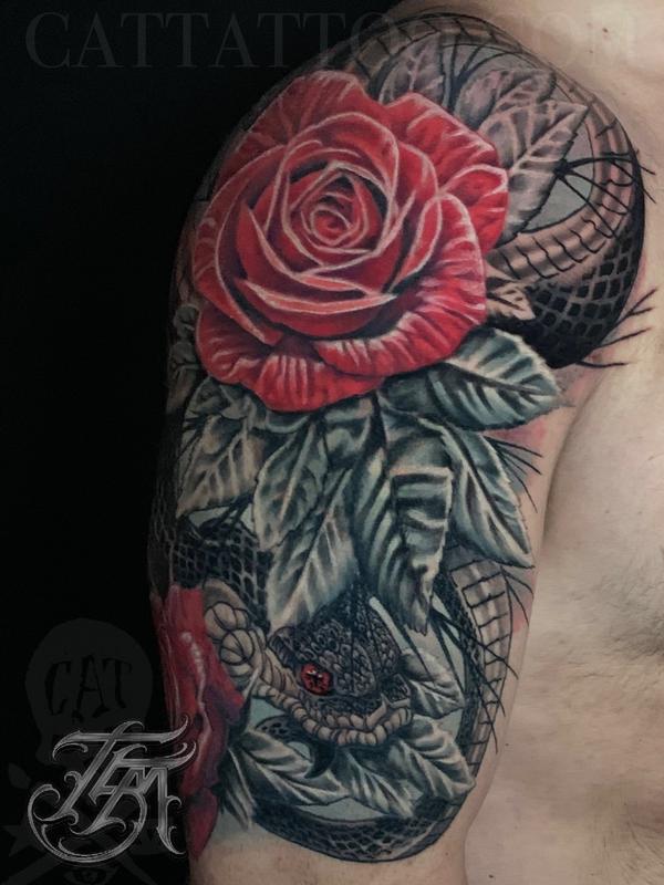 Snake and Roses Half Sleeve Front Image by Terry Mayo: TattooNOW