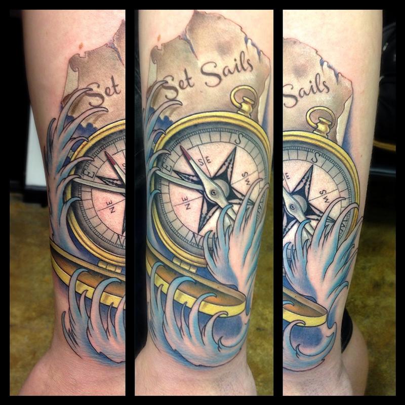 Antique compass with waves by David Mushaney: TattooNOW