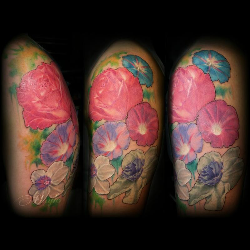 Realism Floral With Roses Morning Glory And Jonquil With Watercolor