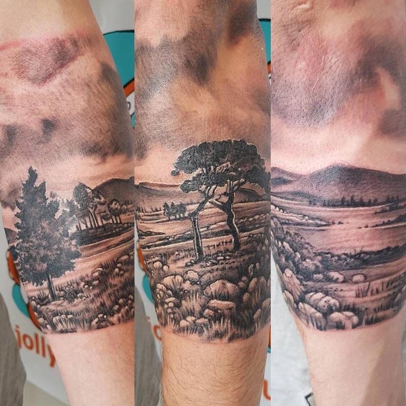 NZ Landscape Black and Gray Tattoo by Body Piercing: TattooNOW