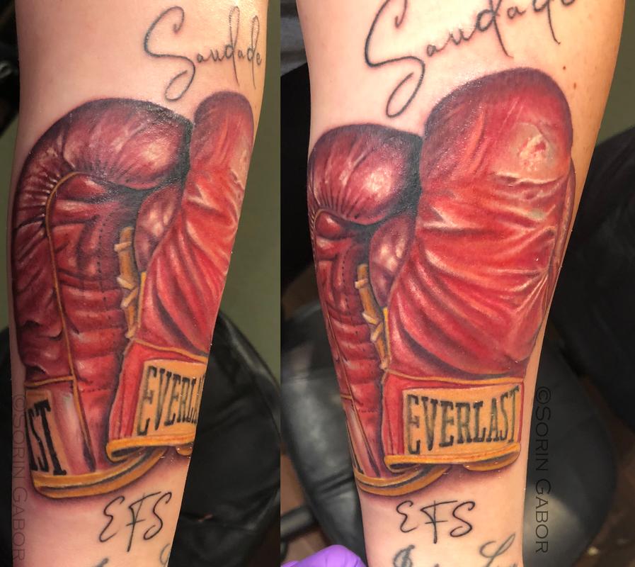 Realistic color vintage boxing gloves tattoo memorial by Sorin Gabor ...