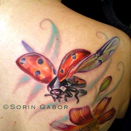 Realistic color flower and ladybug tattoo-ladybug detail by Sorin Gabor ...