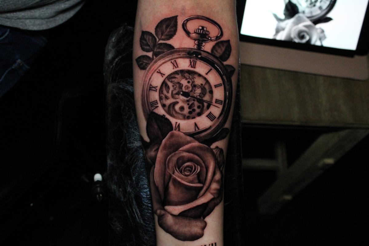 Clock And Rose Tattoo Sleeve